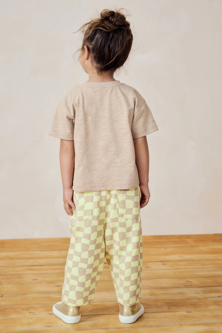 Yellow Checkerboard Short Sleeve T-Shirt And Wide Leg 100% Cotton Trousers (3mths-7yrs)