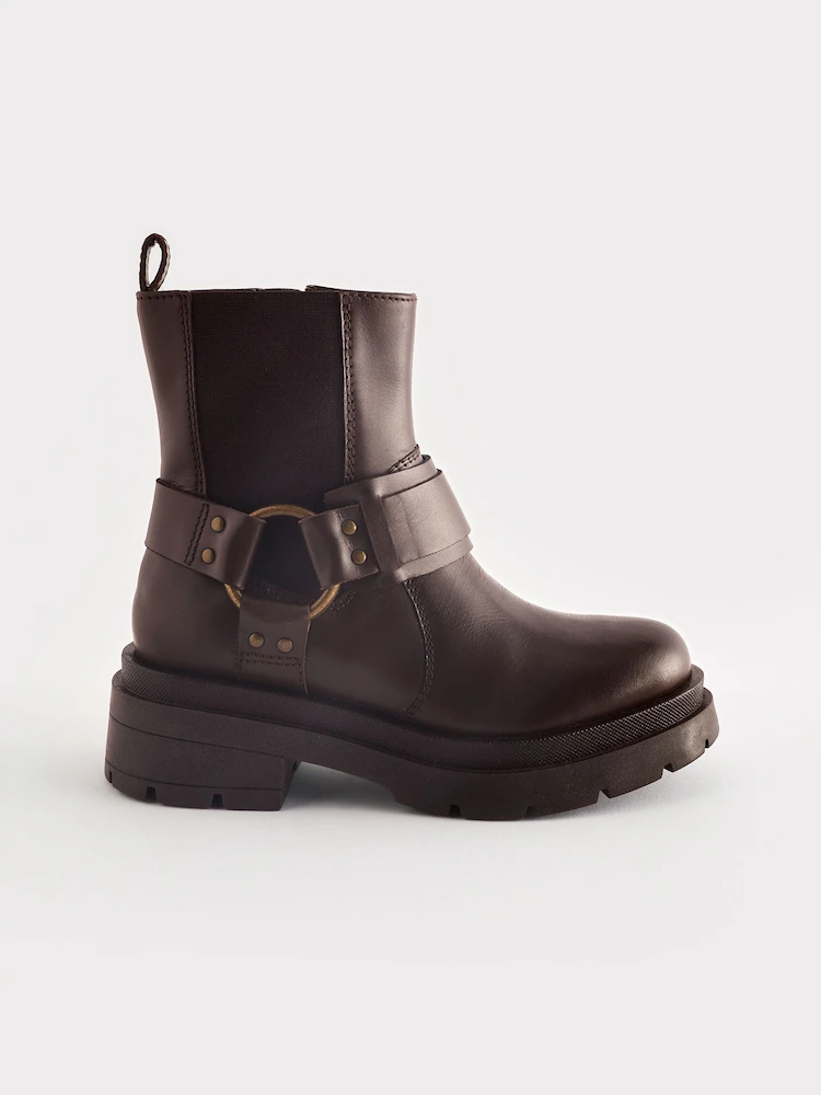 Brown Standard Fit (F) Leather Chunky Biker Boots