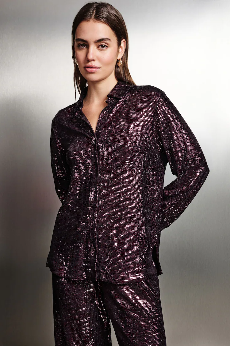 Burgundy Red Embellished Sequin Shirt