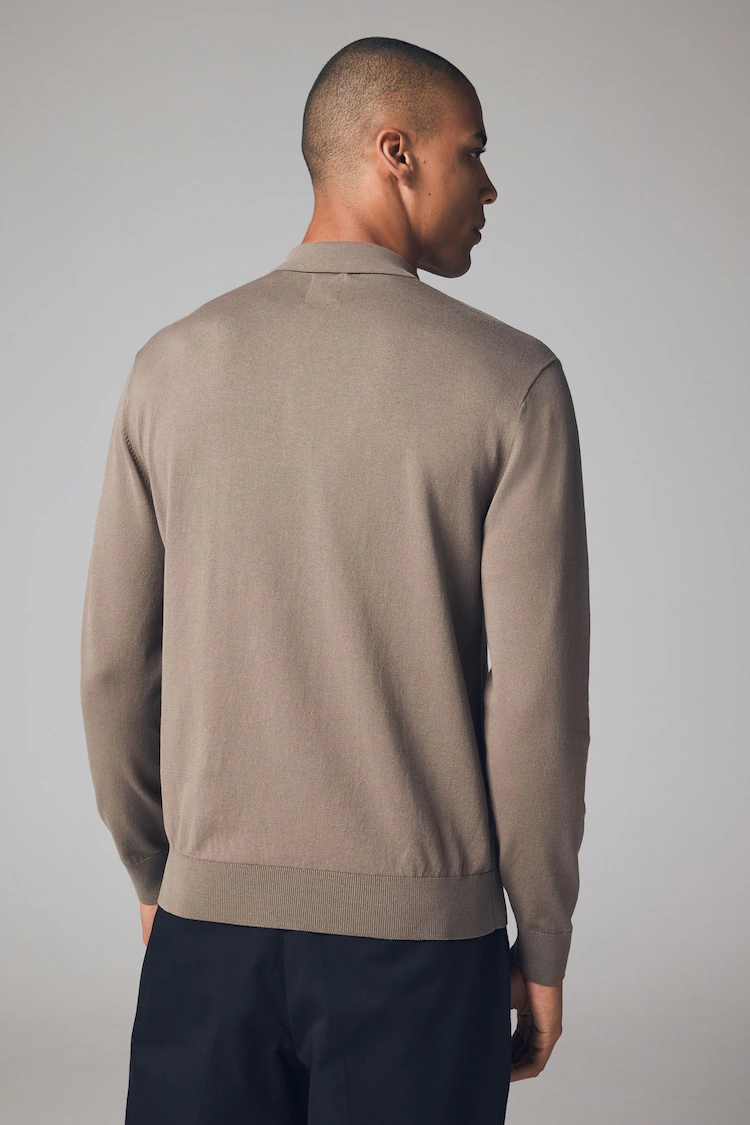 Mocha Brown Regular Fit Knitted Long Sleeve Polo Shirt