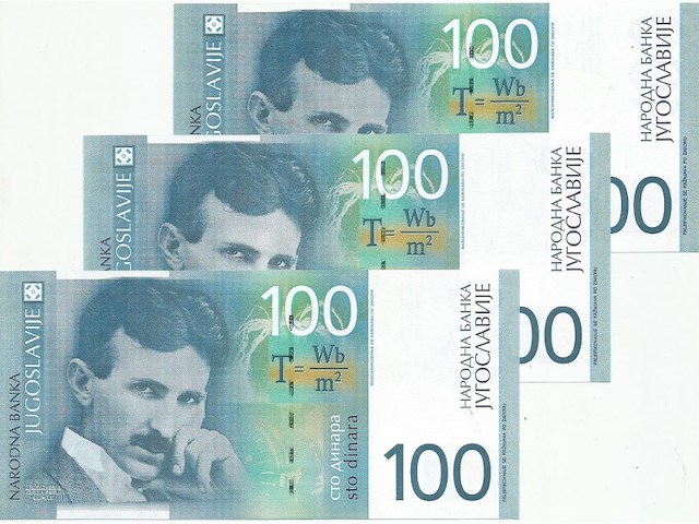 Jugoslavija 100 dinara 2000. UNC x 3 kom.