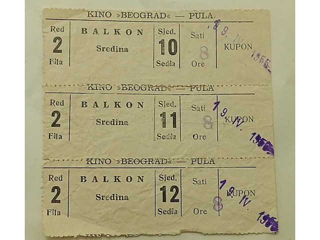 Tri karte za Kino `Beograd` Pula-1955.Leteći Đavoli