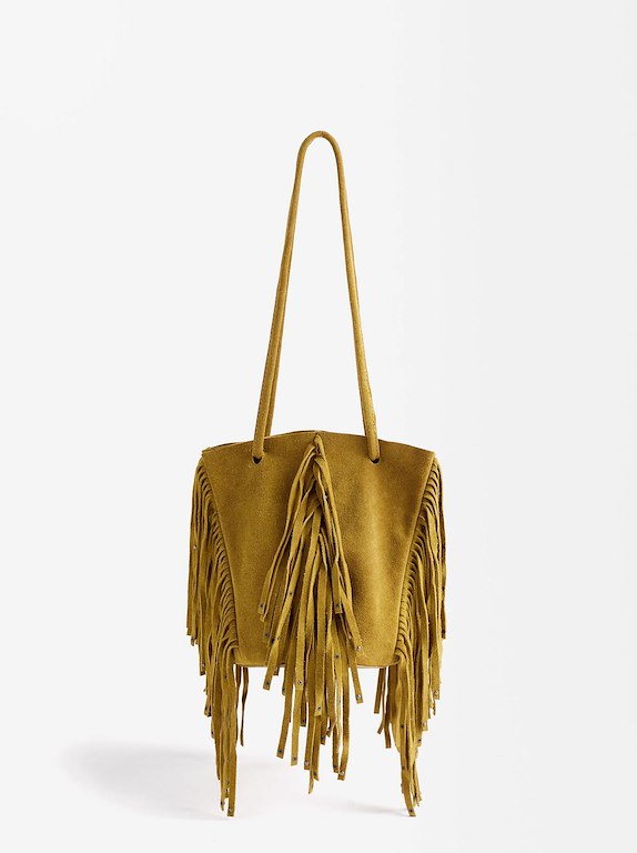 Leather bucket bag with fringes