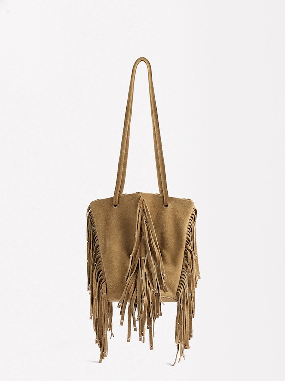 Leather bucket bag with fringes