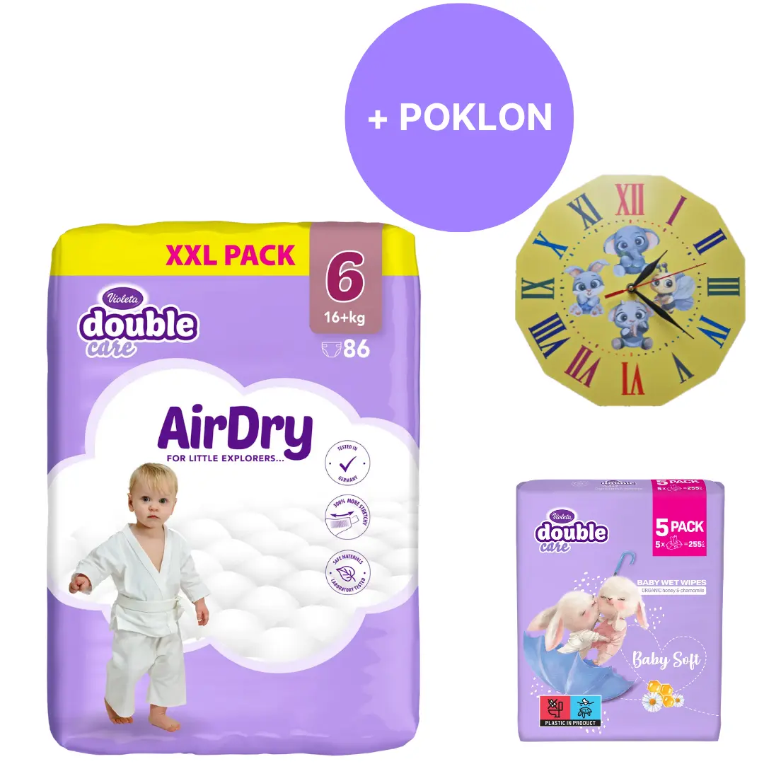 VIOLETA set Double Care Giga Air Dry 6 Junior Pelene, 86 komada + Baby vlažne maramice Soft 5x51 + Sat