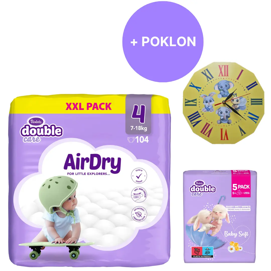 VIOLETA set Pelene Double Care Giga Air Dry 4 Maxi 104 komada + Baby vlažne maramice Soft 5x51 + Sat