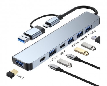 E-GREEN Adapter USB 3.0/USB 3.1 tip C (M) - USB 3.0 + 3 x USB 2.0 + 3.5mm audio + SD/TF + 1 x tip C (8 u 2)