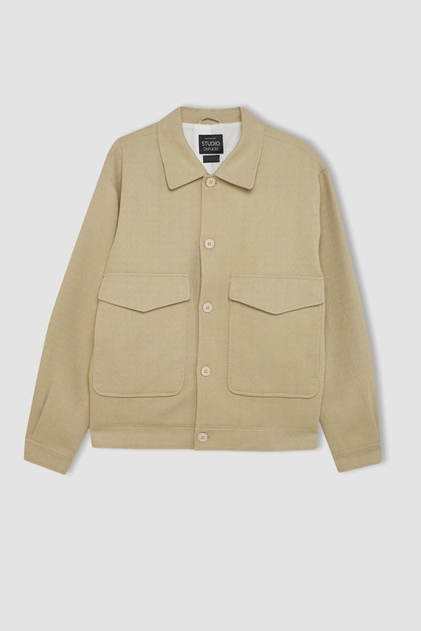 DEFACTO RELAX FIT POLO COLLAR LINED LINEN JACKET COAT