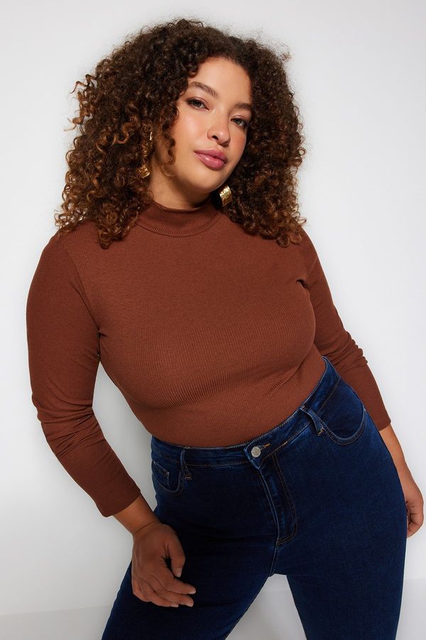 TRENDYOL CURVE BROWN HIGH NECK BODYCONE RIBBED KNITTED BLOUSE