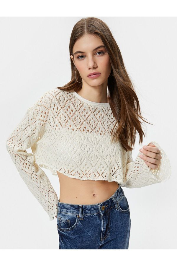 KOTON CROCHET CROP TOP LONG WIDE SLEEVES CREW NECK OPENWORK