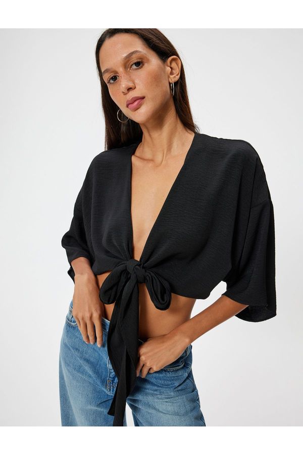 KOTON CROP TOP V-NECK TIE DETAILED OVERSIZE KIMONO SLEEVE