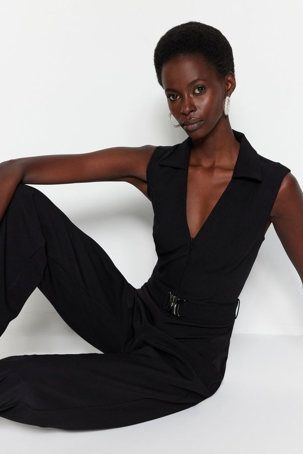 TRENDYOL BLACK BELTED SHIRT COLLAR MAXI WOVEN JUMPSUIT