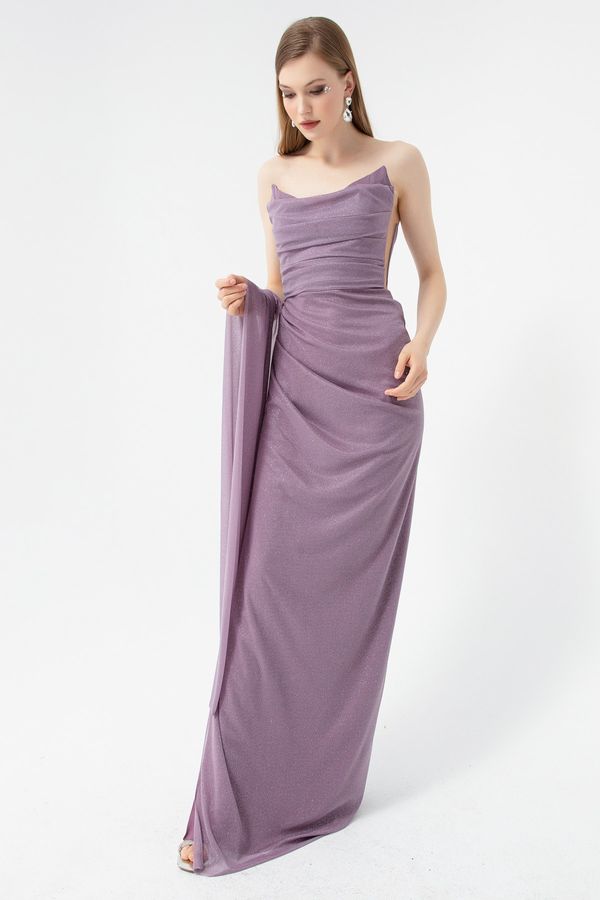 LAFABA WOMEN'S LAVENDER CHEST DRAPED SLIT GLITTER EVENING DRESS