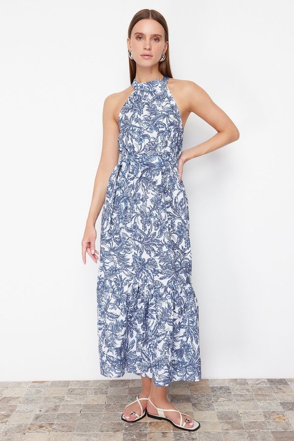TRENDYOL BLUE FLORAL PATTERNED A-LINE MAXI WOVEN DRESS