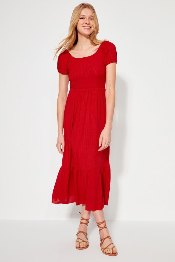 TRENDYOL RED CARMEN COLLAR A-LINE MAXI KNITTED DRESS
