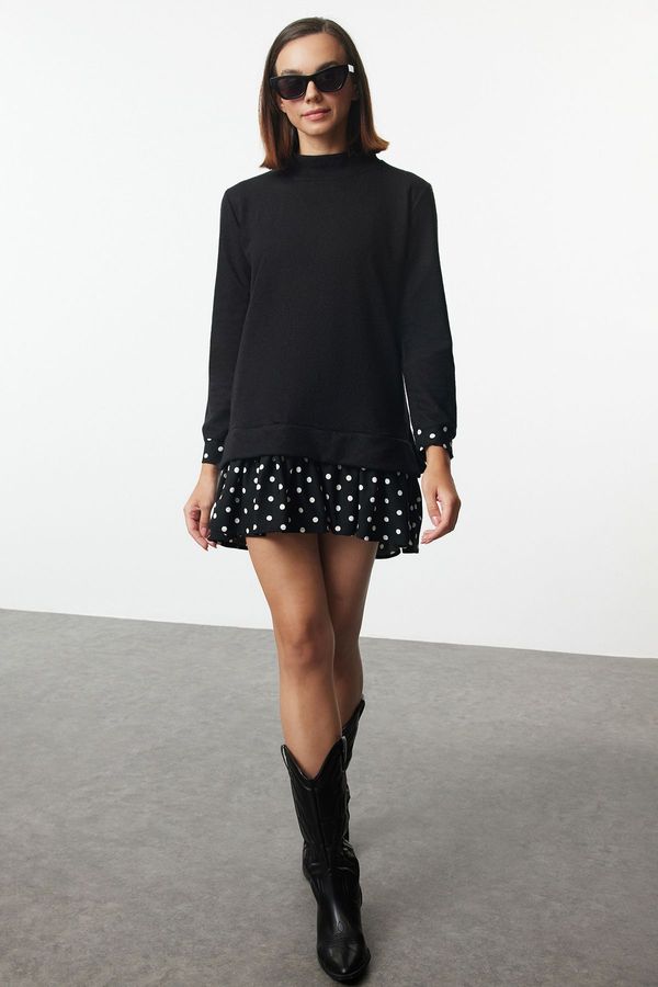 TRENDYOL BLACK THESSALONIKI STAND COLLAR POLKA DOT MINI KNITTED DRESS