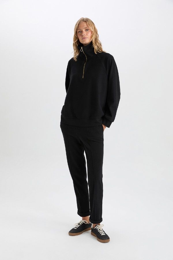 DEFACTO REGULAR FIT ELASTIC WAIST BASIC PLAIN LACE-UP POCKET FOLDED LEG LONG BLACK TROUSERS