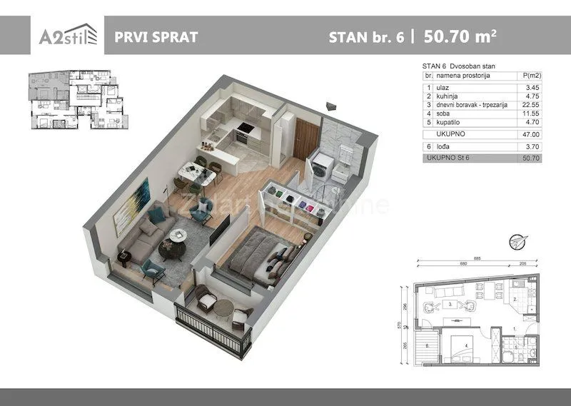 Prodaja, dvosoban stan, 50m2, Karaburma, Palilula, Beograd