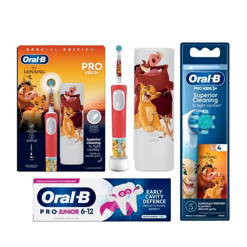 Oral-B Kids Lion King set za dečiju higijenu zuba - Električna četkica sa kutijom + Zamenski nastavci + Pro Junior pasta za zube