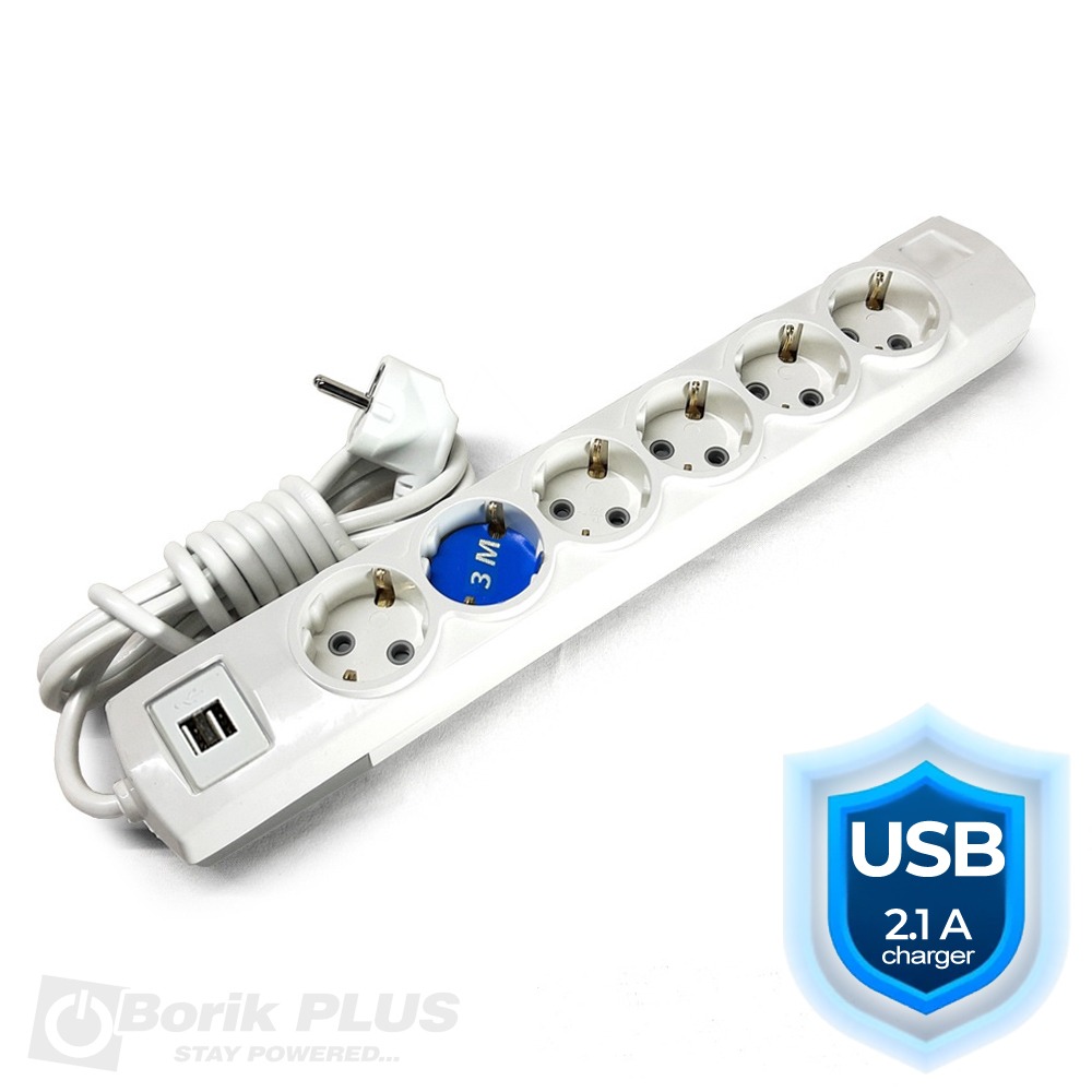 Produžni kabl 3m sa 6 utičnica i USB A+