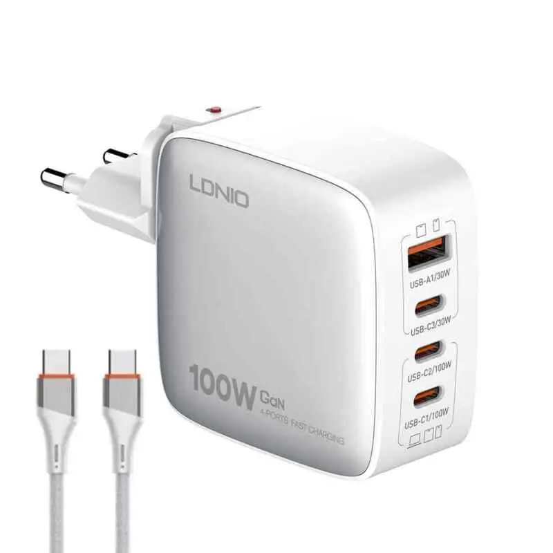 Kucni punjac sa adapterima LDNIO Q408 GaN PPS QC3.0 30W,3xPD3.0 100W,100W Max,sa Type C na Type C kablom beli