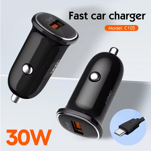 Auto punjac LDNIO C105, QC3.0, 30W USB Type C crni