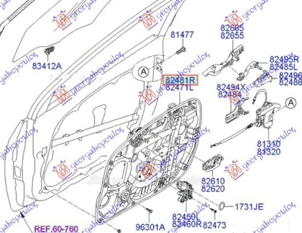 PODIZAC PREDNJEG PROZORA ELEKTRICNI (BEZ MOTORA) (CESKA) (O) Desna str. HYUNDAI i30 5D (2012-2014) (OEM: 82481-A6000, 82481A6000)