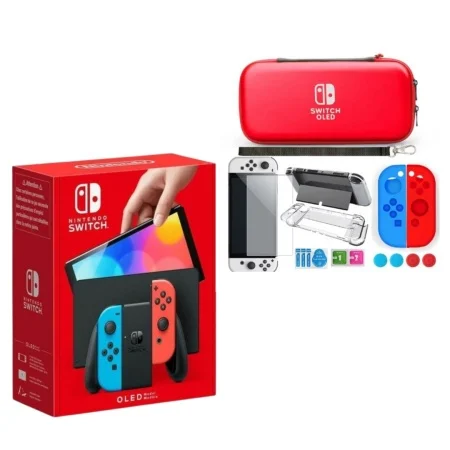 Konzola Nintendo Switch OLED Model Neon Red and Blue + Nintendo Switch OLED Carrying Hard Case + transparentana zaštita + staklo + thumb grips + Silicone case joy-cone