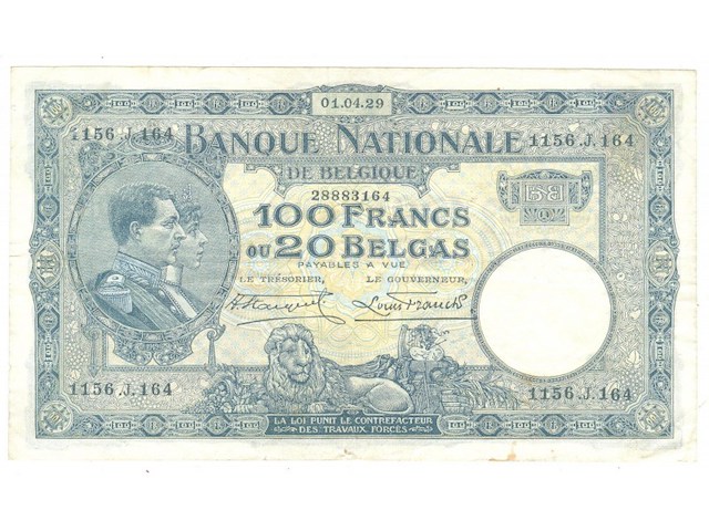 Belgija 100 francs 20 belgas 1929