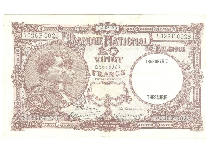 Belgija 20 francs 12.9.1928