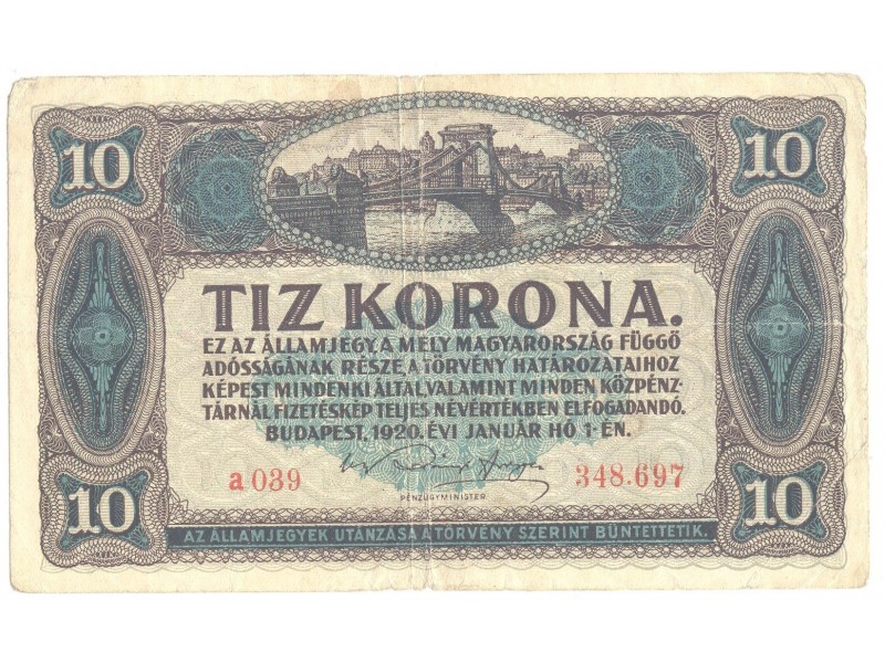 Madjarska 10 korona 1920