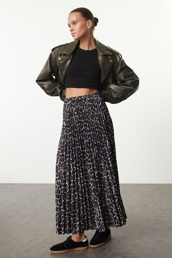 TRENDYOL DARK BROWN PLEATED LEOPARD PRINTED STRETCHY KNITTED SKIRT