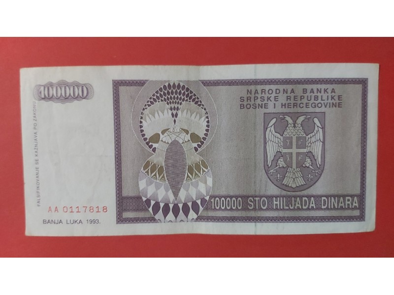 100.000 dinara 1993 god Republika Srpska Vf