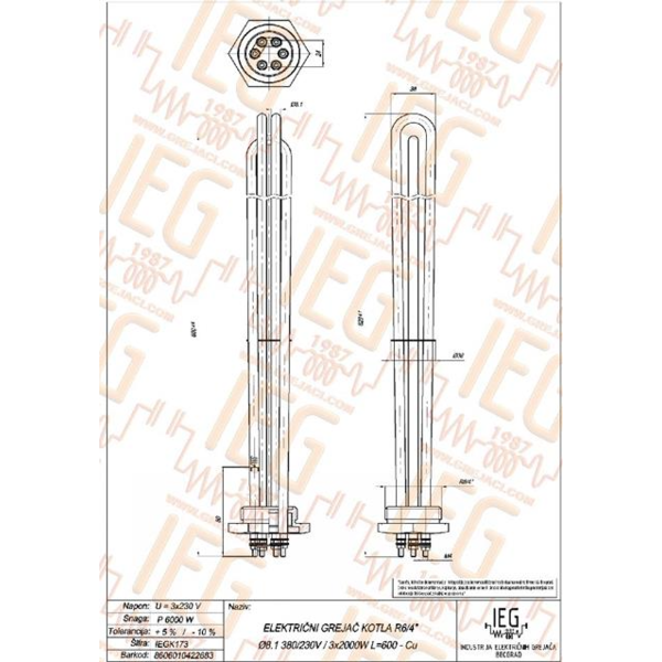 GREJAC KOTLA R6/4" 600mm 3X230V 6kW IEGK173