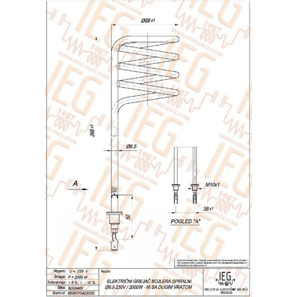 GREJAC BOJLERA 3000W Cu fi8,1mm 6/4" ~ 230V sonda 8x280mm IT termostat IEGB304