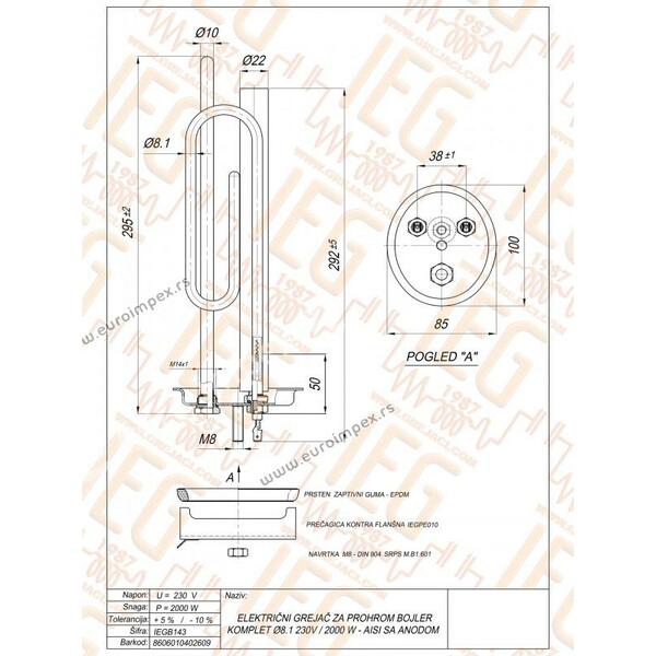 Grejac bojlera 1500W fi8,1 Cu komplet Ariston VELIS HE2 230V, sonda 8x275mm IEGB463