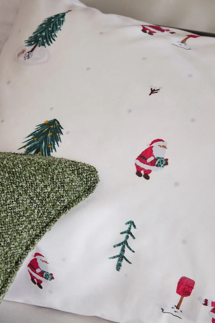 White Festive Santa Printed Fitted Sheet and Pillowcase Set