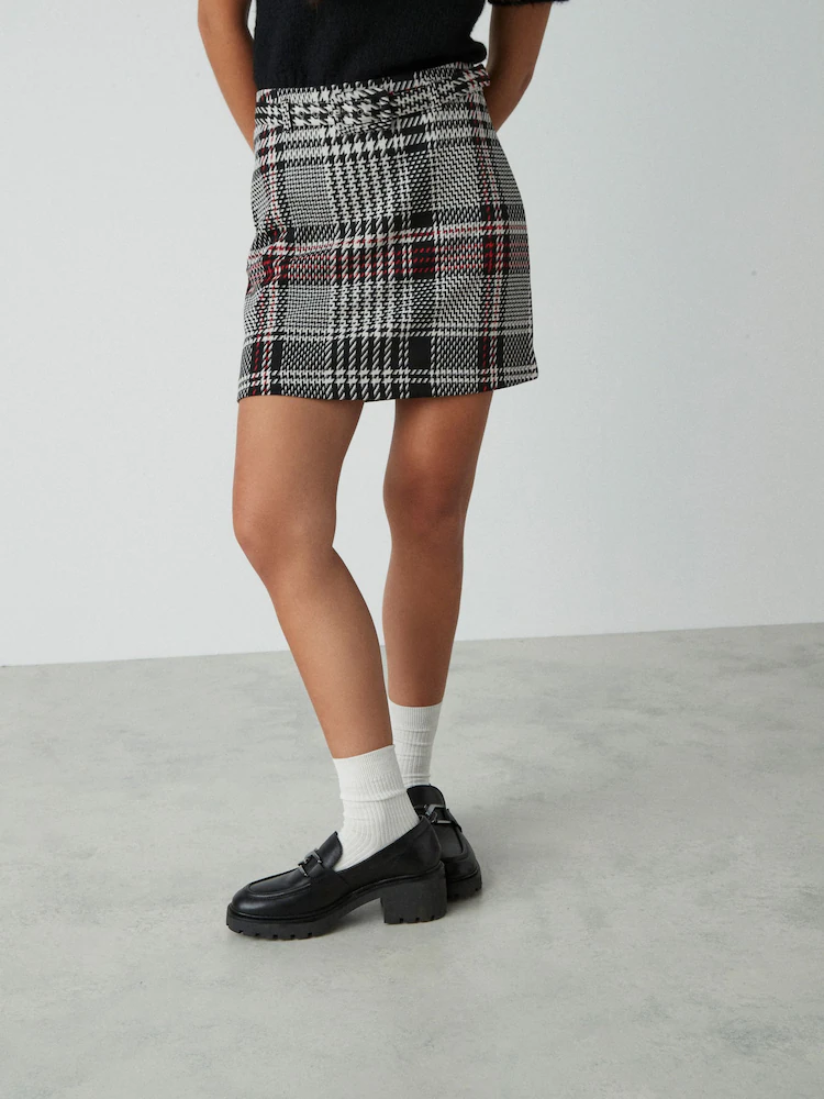 Red Check Mini Belted Ponte Skirt