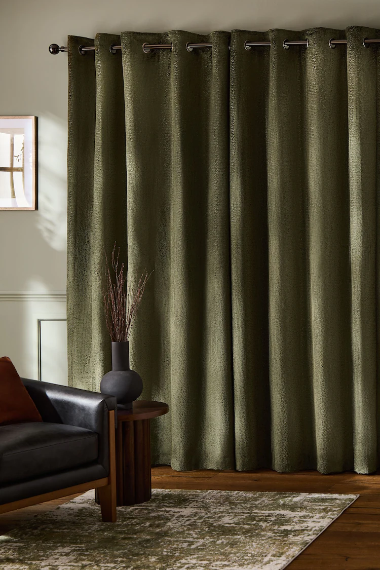 Olive Green Collection Luxe Heavyweight Cut Velvet Eyelet Lined Curtains