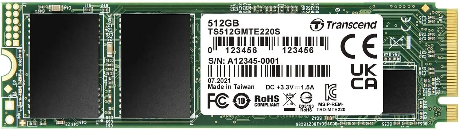 Transcend SSD TS512GMTE220S M.2 NVMe 512GB , 3D NAND flash, Read 3,500 MB/s, Write 2,800 MB/s, 2280