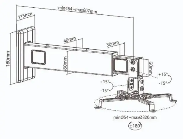 Nedis Zidni nosač za projektor PJWM200BK, 15kg, 464-607mm, 30°