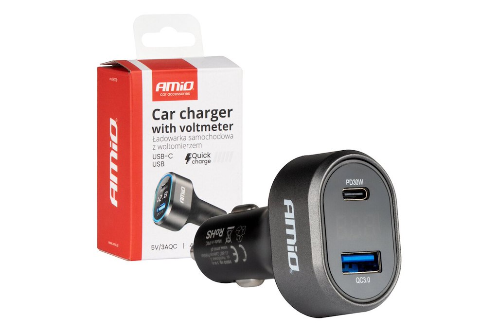 Brzi auto punjač sa voltmetrom 48V PD30V KC3.0 USB-A USB-C AMIO-04178 Proizvod meseca