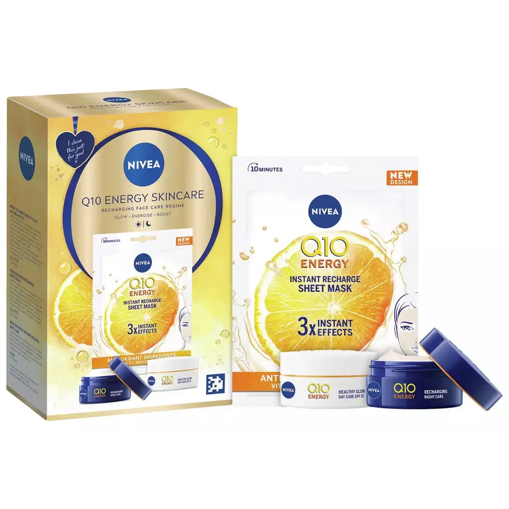 NIVEA Ženski poklon set Q10 Energy skincare, Dnevna krema 50 ml + Noćna krema 50 ml + Maska za lice