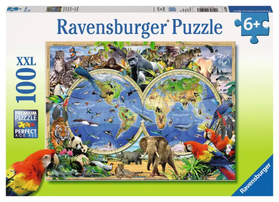 Ravensburger Puzzle Mapa sveta sa životinjama, 100 delova