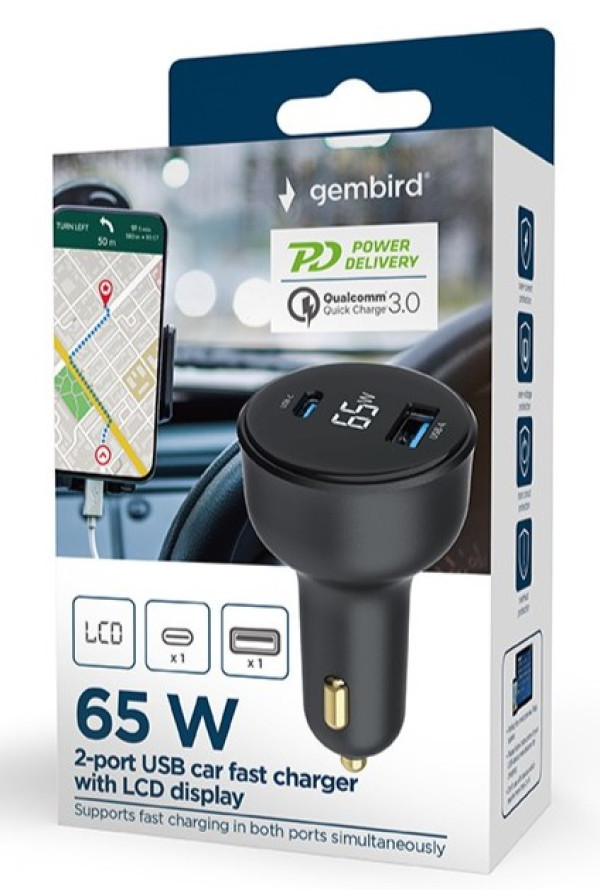 TA-UC-AC2PD65LCD-CAR-01 Gembird 2-port USB brzi punjac za auto, Type-C PD, LCD, 65W, black