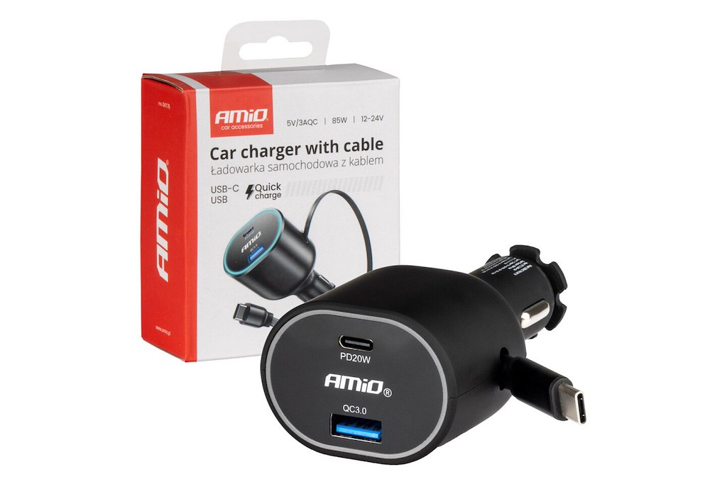 Brzi auto punjač sa kablom koji se uvlači 85V PD30V PD20V + KC3.0 USB-A USB-C AMIO-04176 ⚡ Brzo punjenje