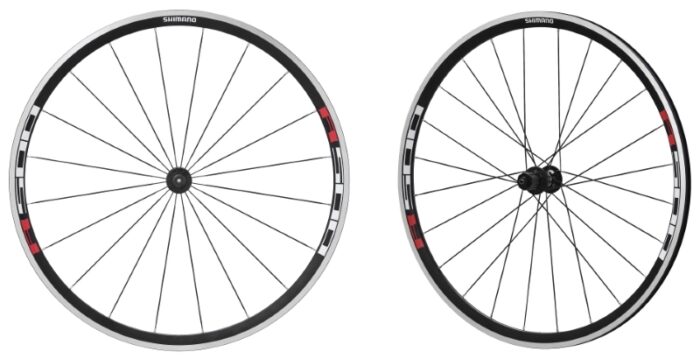 TOČKOVI SHIMANO WH-R501A PREDNJI & ZADNJI FOR 8/9/10 SPEED OLD 100/130MM RIM CLINCHER BLACK W/TAPE RED STICKER SPOKE BLADED QR BLACK REAR QR 163MM IND.PACK