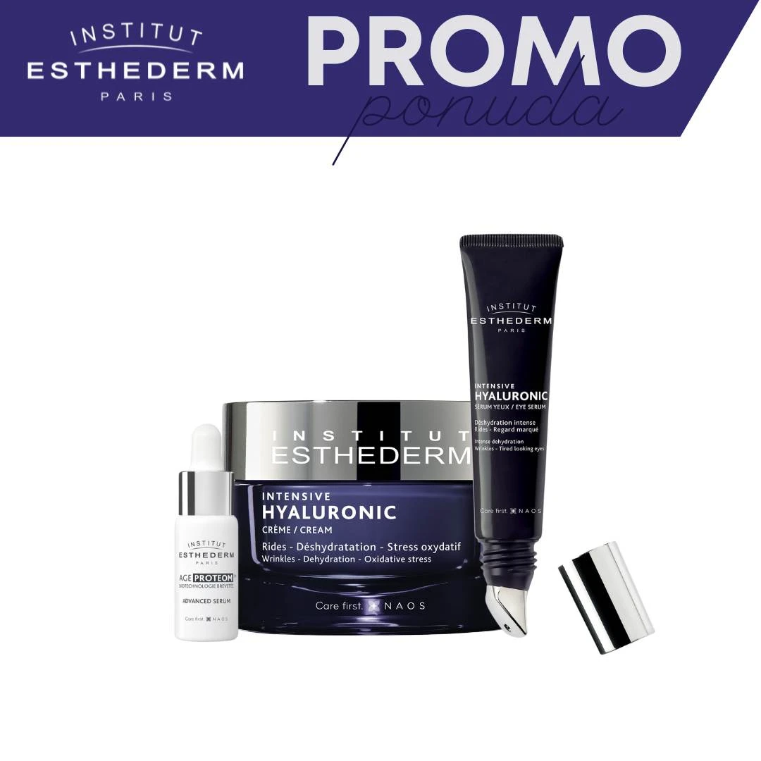 ESTHEDERM PROMO INTENSIVE Krema sa Hijaluronskom Kiselinom 50 mL, Hijaluronski Serum za Zonu oko Oka 15 mL i AGE PROTEOM Napredni Serum 5 mL