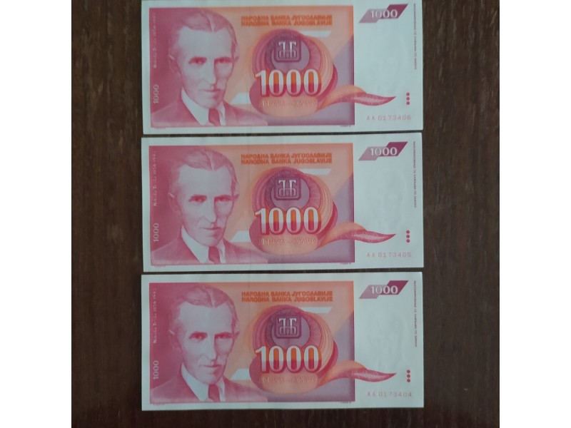 3 x 1000 dinara 1992 UNC