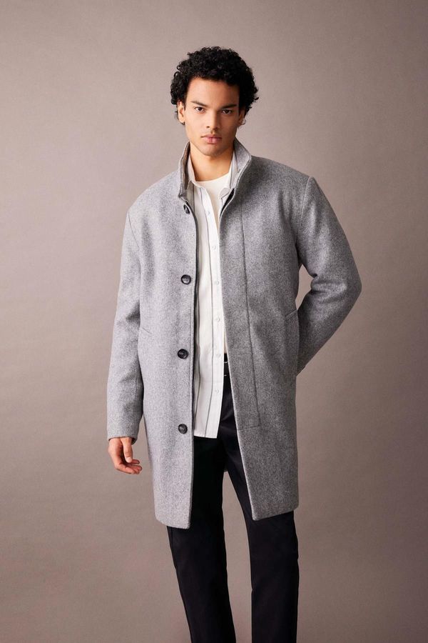 DEFACTO Men's Regular Fit Stand Collar Buttoned Pocket Cashmere Coat Parka